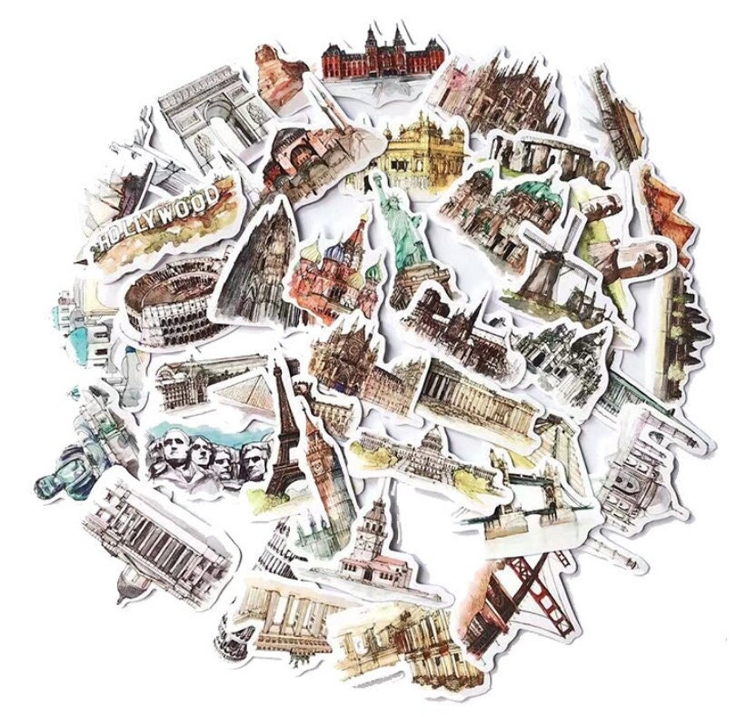 40 Pcs Landmark Sticker, Travel Watercolor Sticker Pack, Place of ...