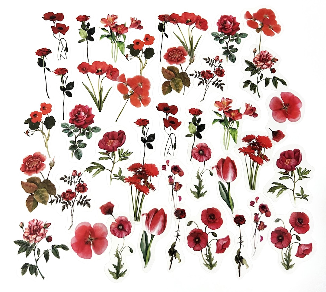 40 Pcs Red Flowers Clear Sticker, Floral Clear Sticker, Journal ...