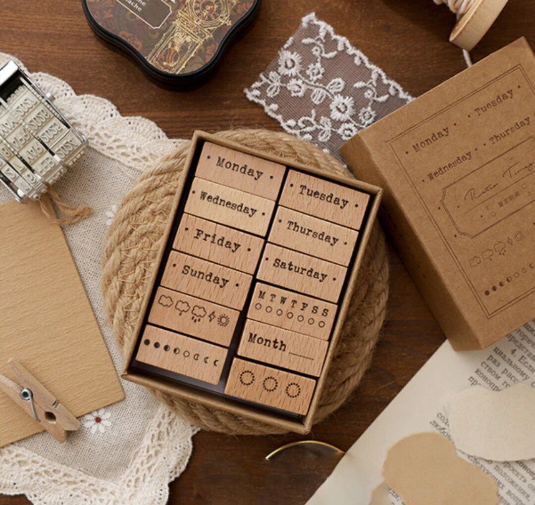 Set of 12 Calendar Stamp, Days of the Week Wooden Stamp, Rubber Stamp ...