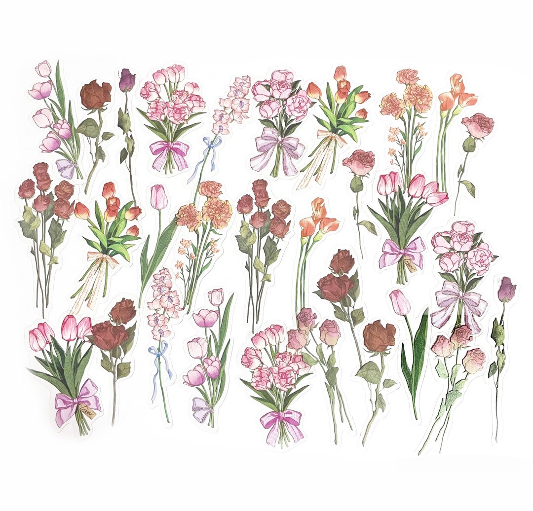 30 Pcs Red Flowers Clear Sticker, Floral PVC Sticker, Scrapbooking ...