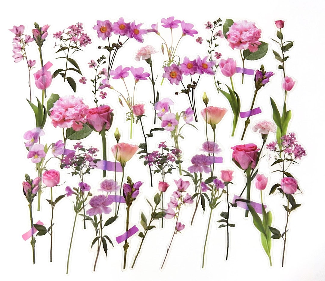 40 Pcs Pink Flowers Clear Sticker, Floral, Wildflowers, Scrap Booking ...