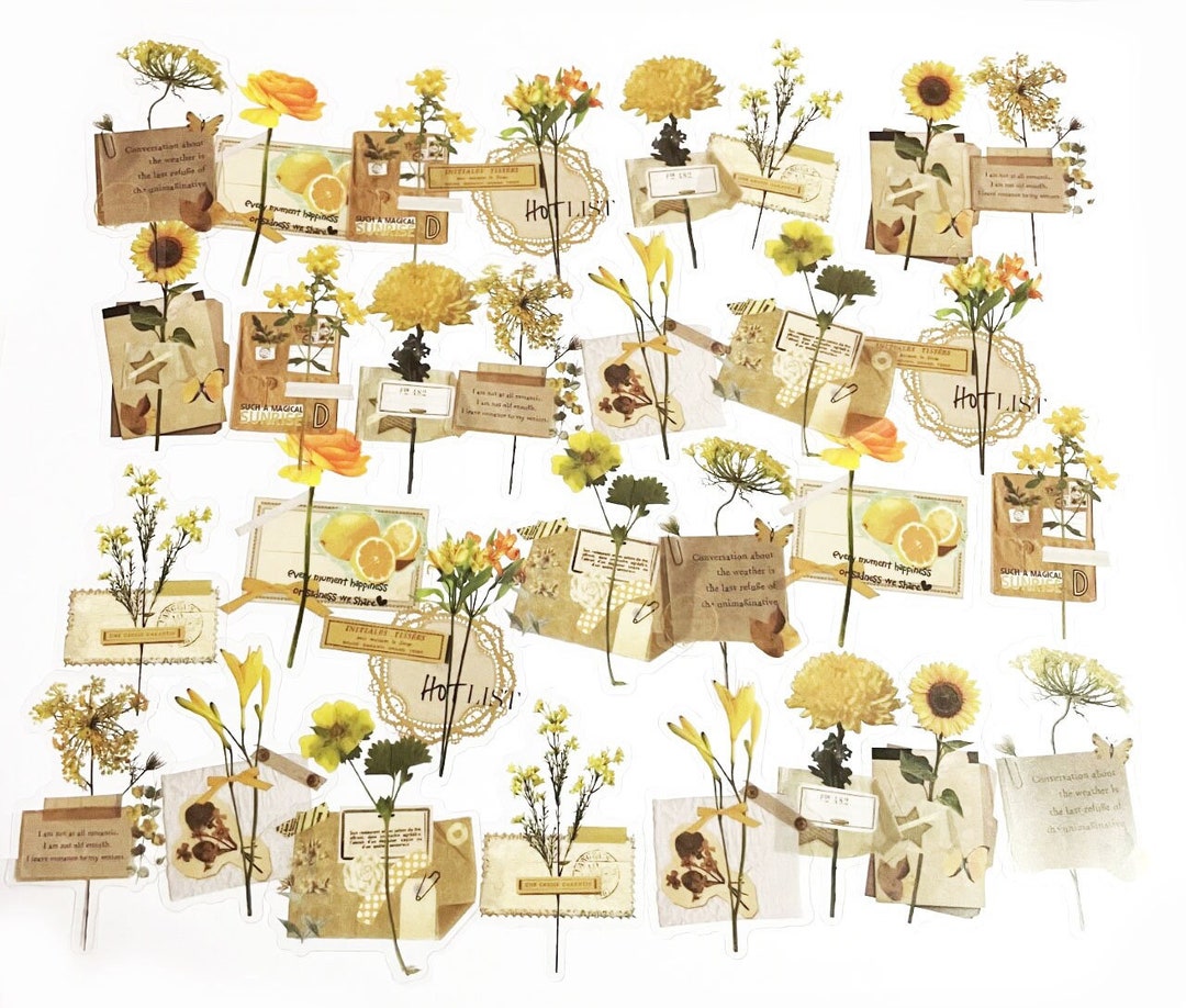 30 Pcs Yellow Flowers Clear Sticker, Floral PVC Sticker, Scrapbooking ...