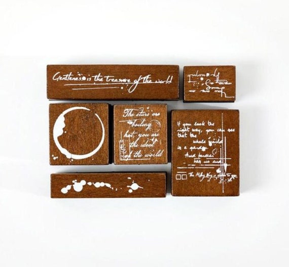 Set of 6 Vintage Text Stamp Coffee Stains Wooden Stamp - Etsy