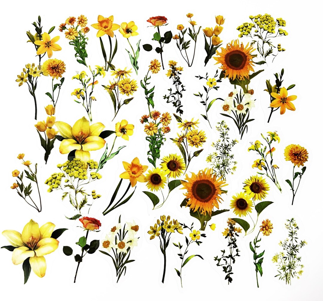 40 Pcs Yellow Flowers Clear Sticker, Flowers Clear Sticker, Journal ...