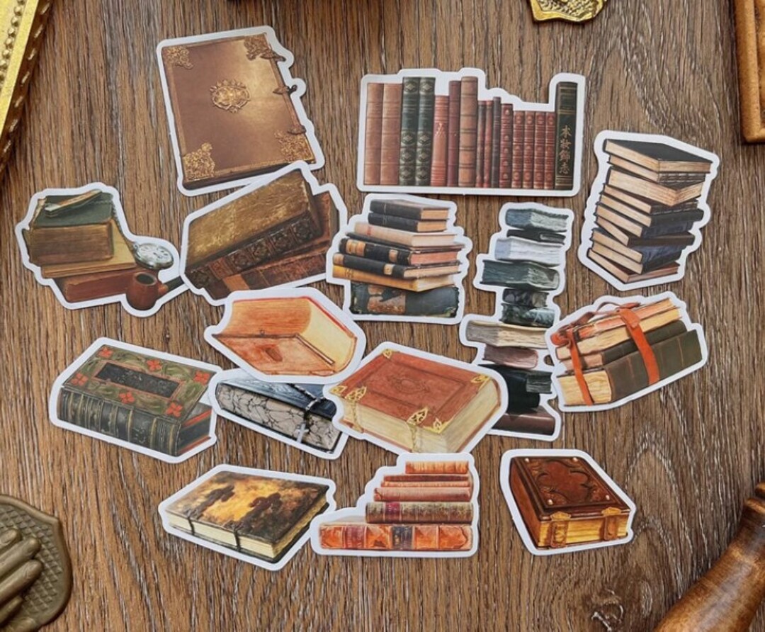 15 Pcs Vintage Books Sticker, Stacks of Books Sticker, Library, Junk ...