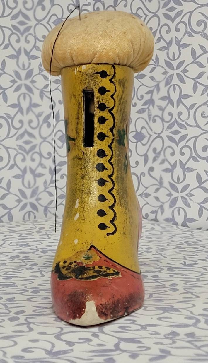 Antique Paper Mache High-top Shoe, Pincushion With Slot for Bank - Etsy