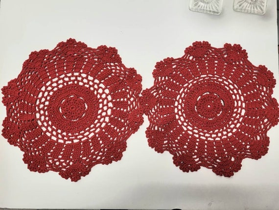 Home & Living Two Vintage Handmade Red Doilies 10 Inch Diameters ...