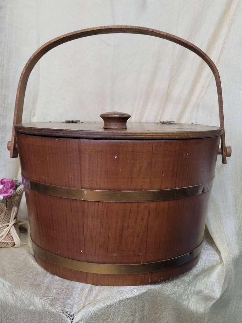 Wooden Sewing Box With Handle and Hinged Lid, Pin Cushion Under Lid ...