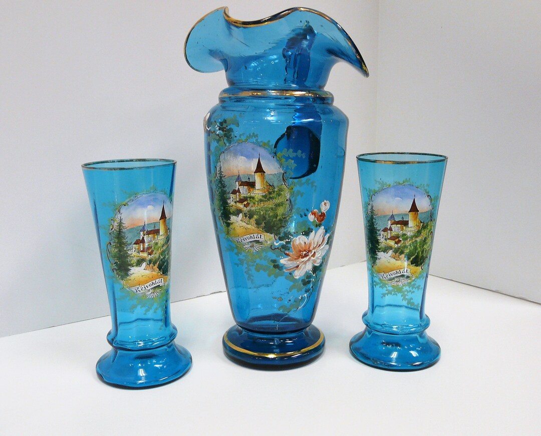 Antique Czechoslovakian Hand-blown, Handpainted Glass Pitcher and ...