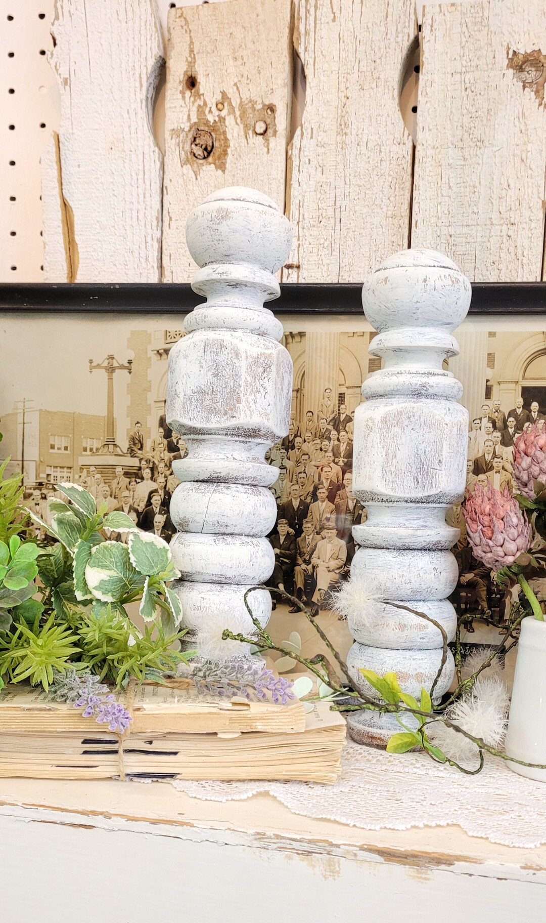 Vintage White-washed Wooden Finial Mantel Decoration, Farmhouse Decor ...