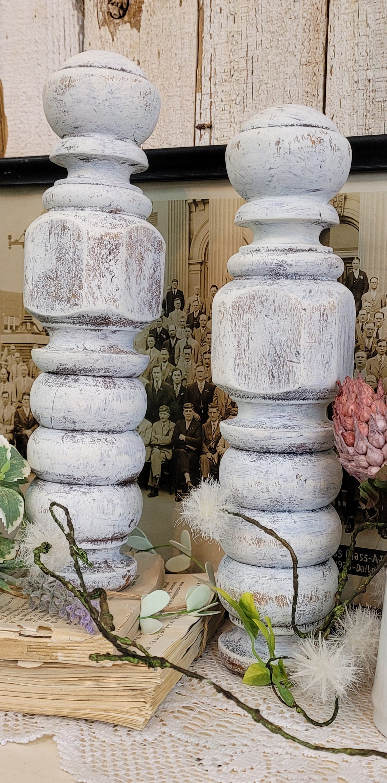 Vintage White-washed Wooden Finial Mantel Decoration, Farmhouse Decor ...