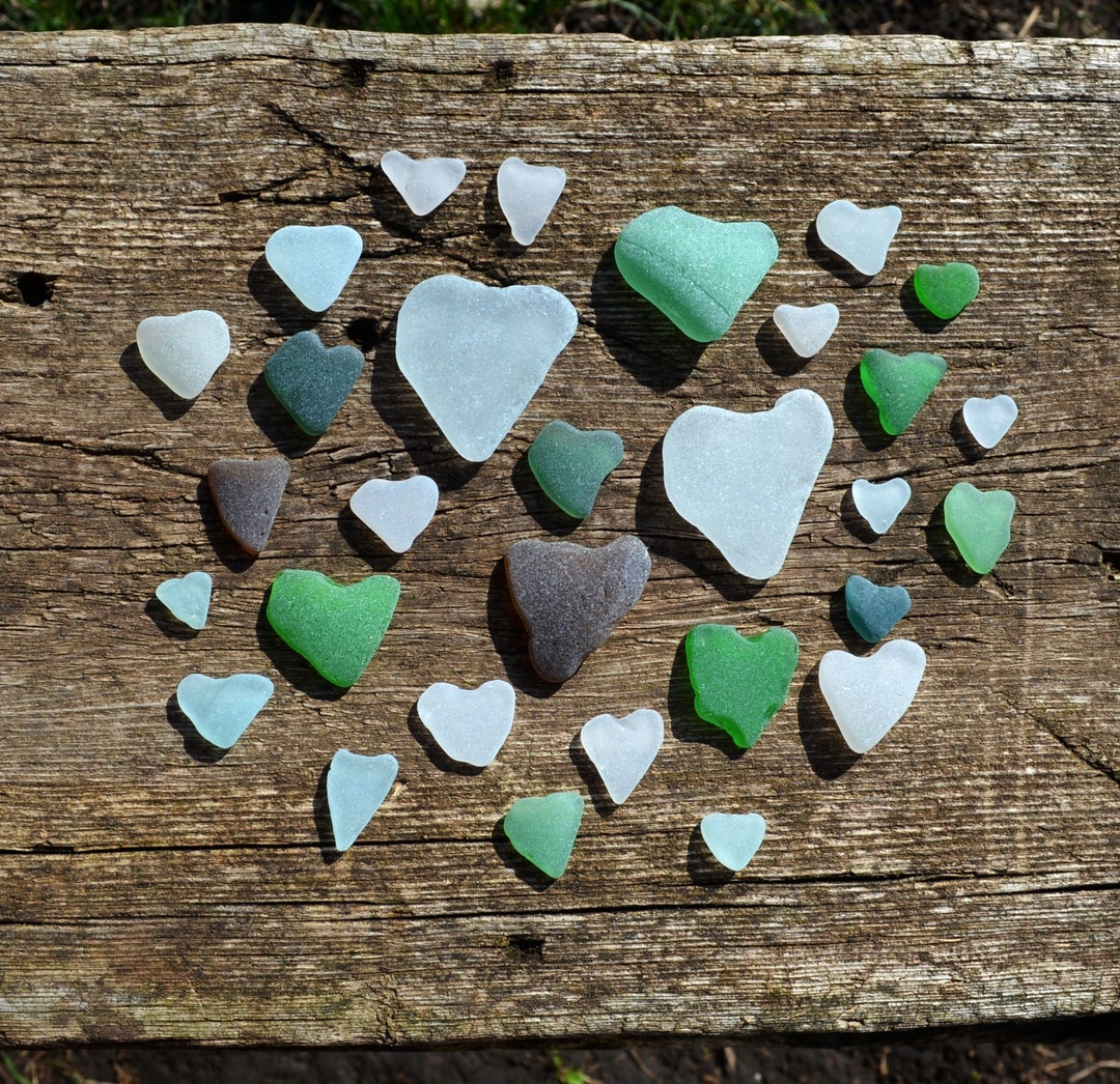 Beach Glass Hearts, Various Colored Sea Glass Set, Heart Shaped Beach ...