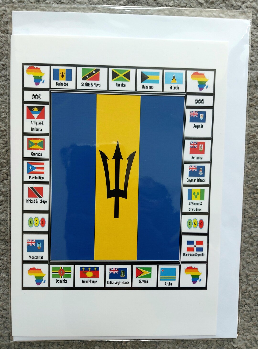 A5 Greetings Card With Caribbean Islands and Flags Border and Flag of ...