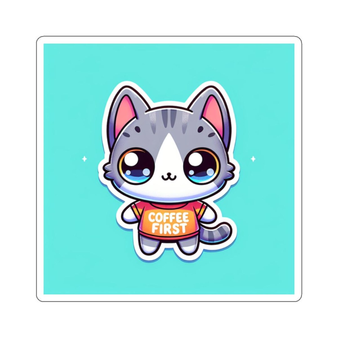 Kawaii Cat Sticker Coffee First Logo, Cute Decals, Laptop Decal, Water ...