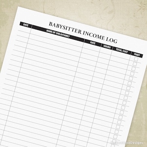 Babysitter Income Log Printable Sheet, Job List for Child Care ...