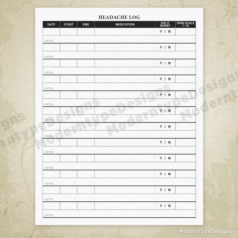 Headache Log Printable Form, Migraine Tracker, Medical Planner, Health ...