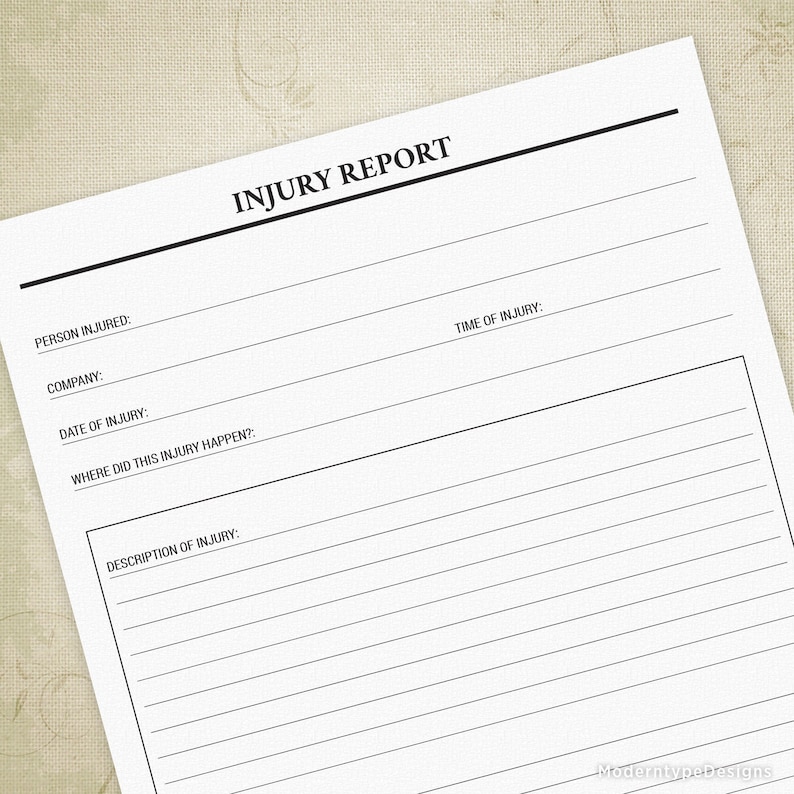 Company Injury Report Printable, Incident Form, First Aid Log Chart ...