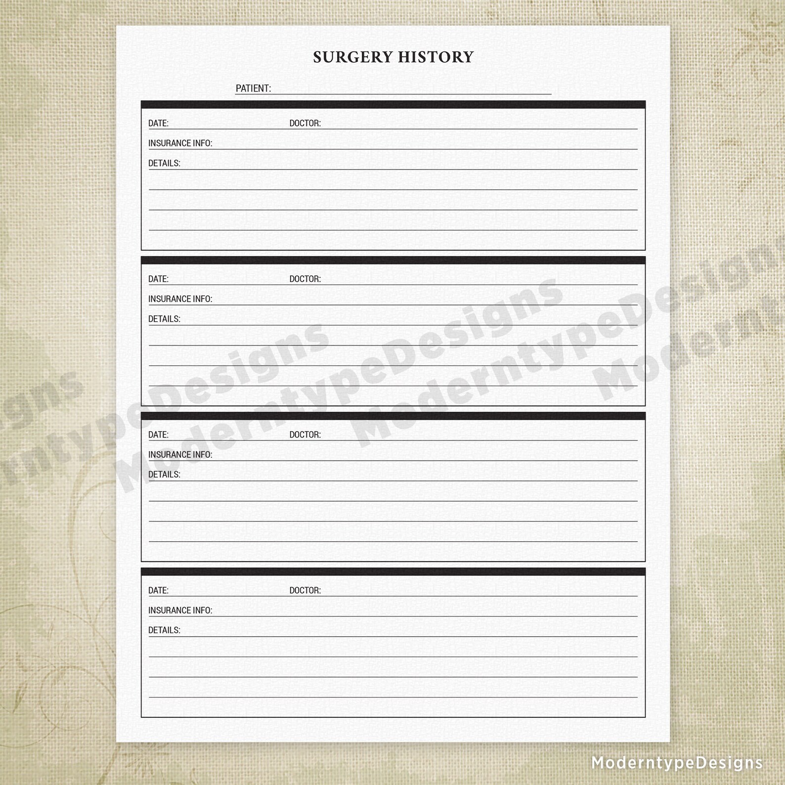 Surgery History Printable Form for Patients, Doctor Visit Records ...