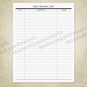 Oil Change Log Printable Form, Car Maintenance Tracker, Mower, Truck ...