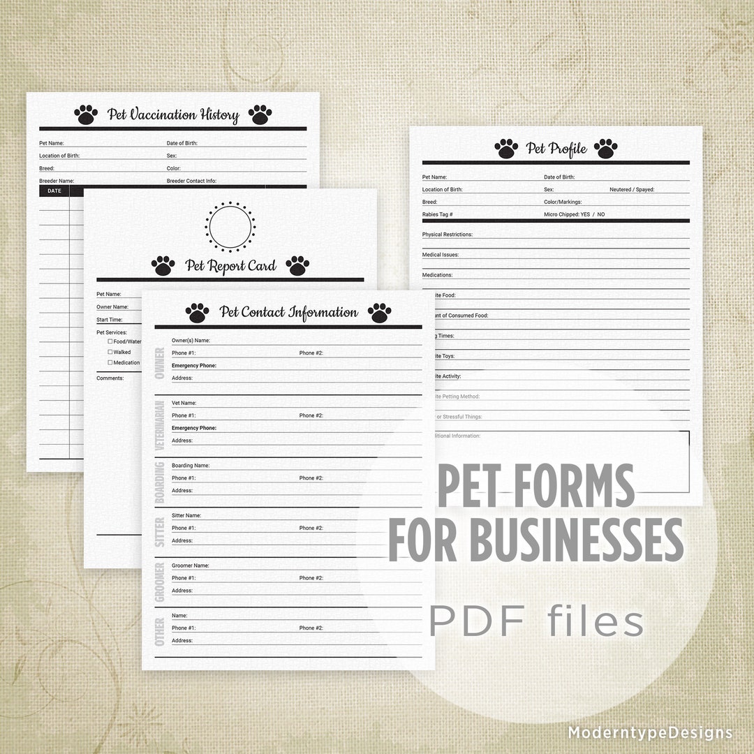 Pet Forms Printable Kit for Businesses, Pet Documents, Vaccination Log ...