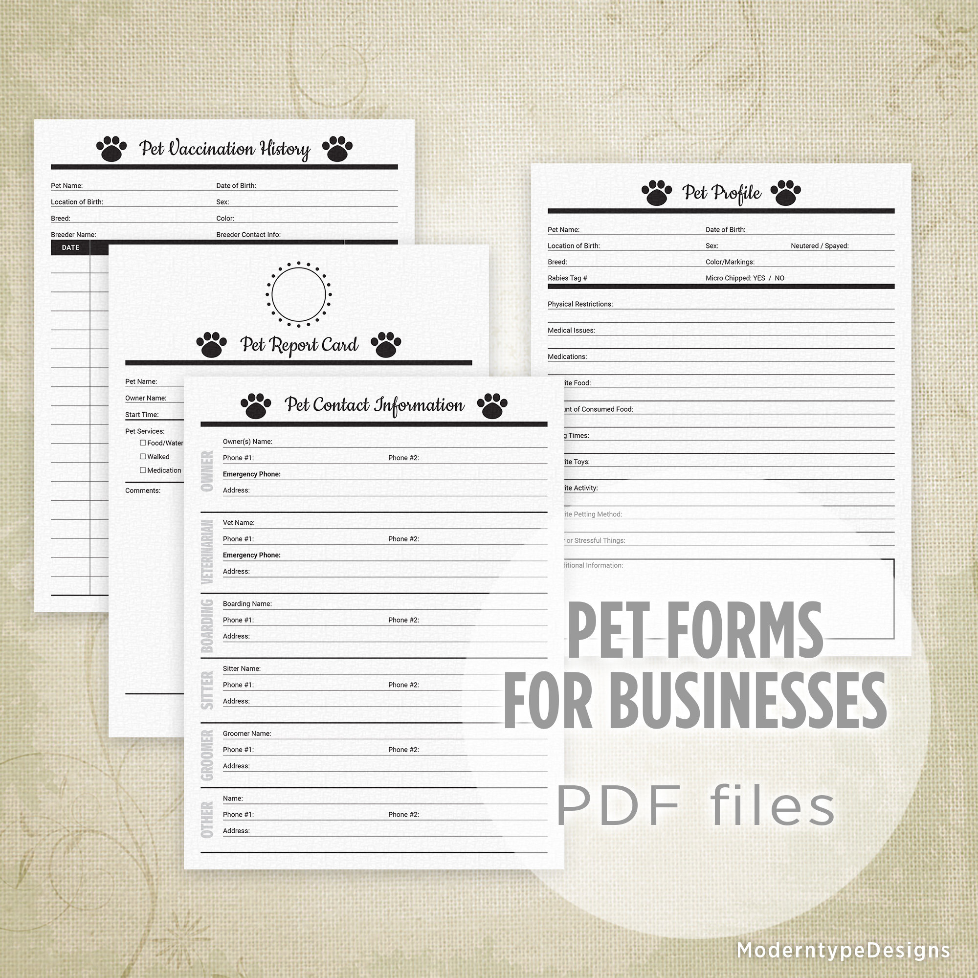 Pet Forms Printable Kit for Businesses, Pet Documents, Vaccination Log ...
