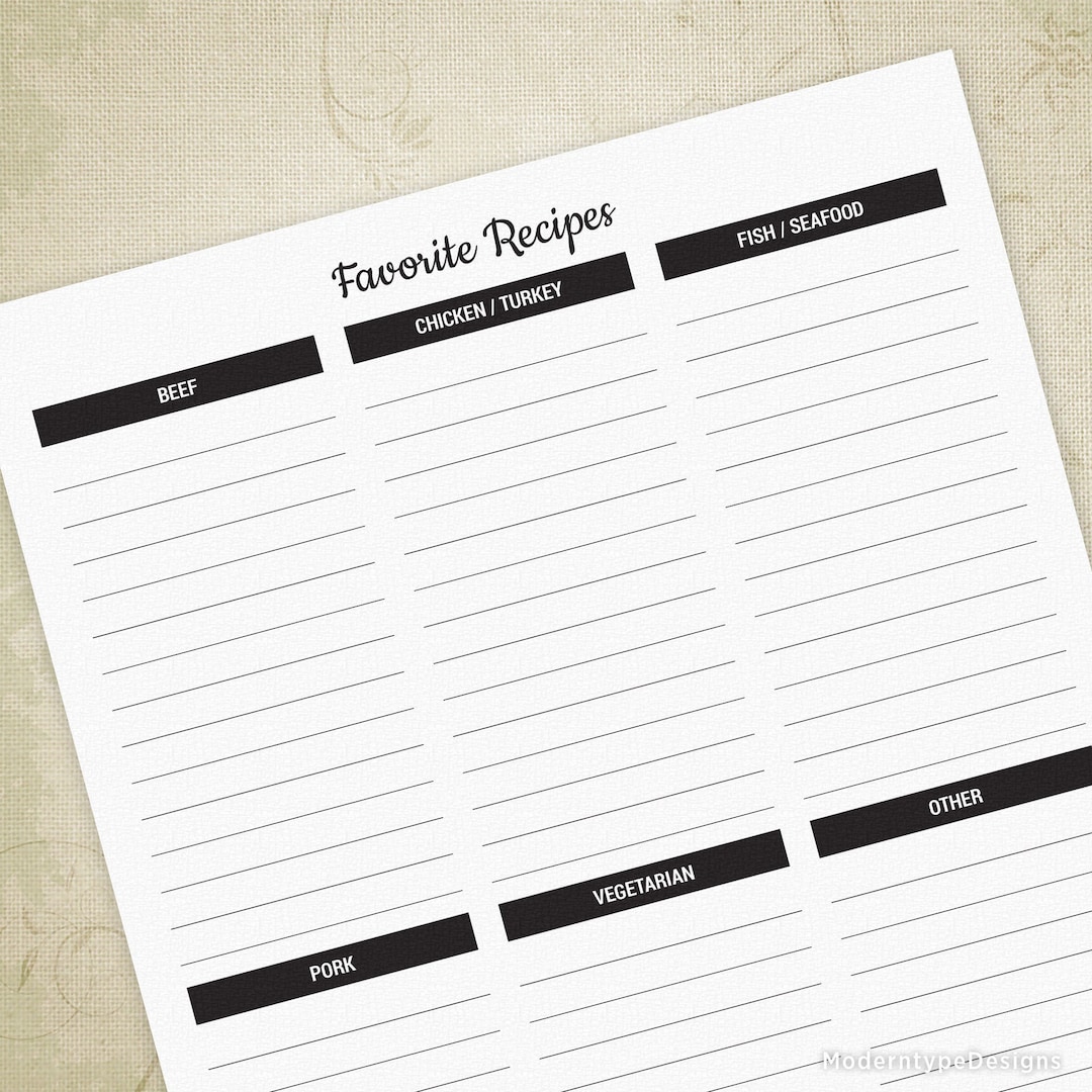 Favorite Recipes Printable Planner, Family Food List, Digital File ...