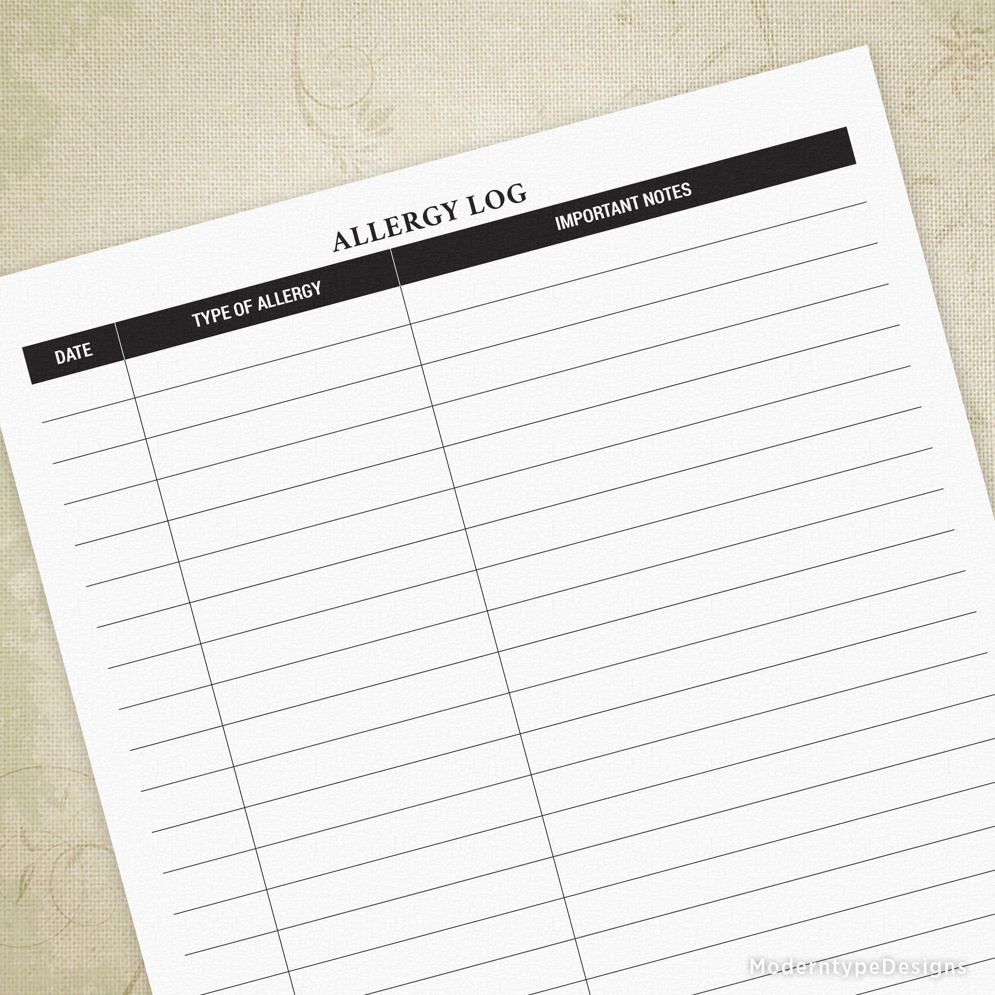 Allergy Log Printable Chart, Track Allergies Form, Allergic Reaction ...