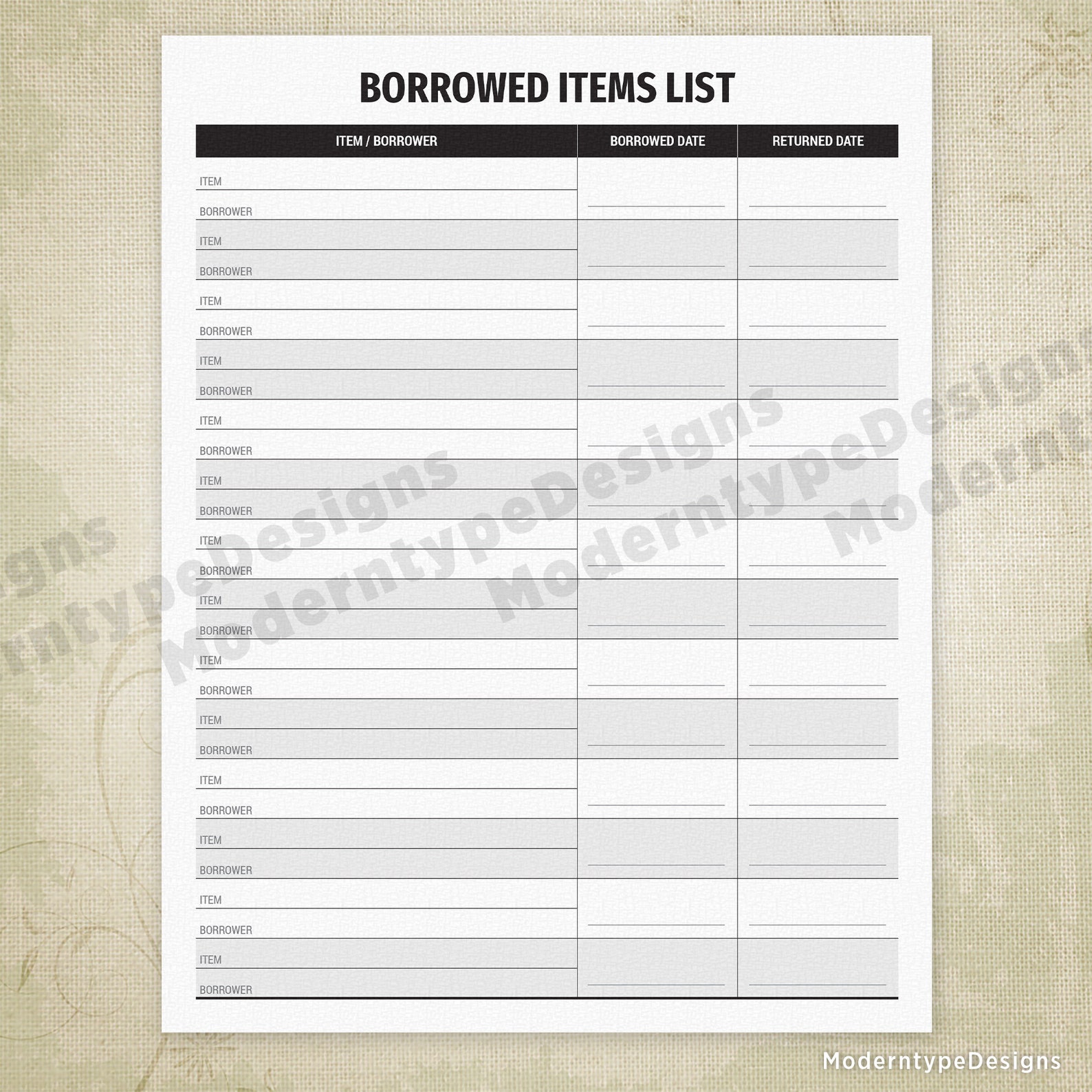 Borrowed Items List Printable, Lending Reminder, Household Supplies ...