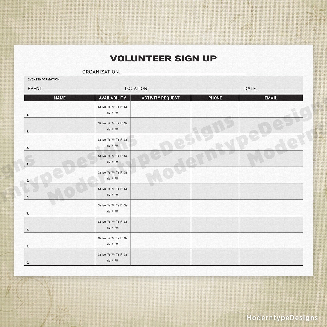 Volunteer Sign up Printable Form, Event Organization Planner for ...