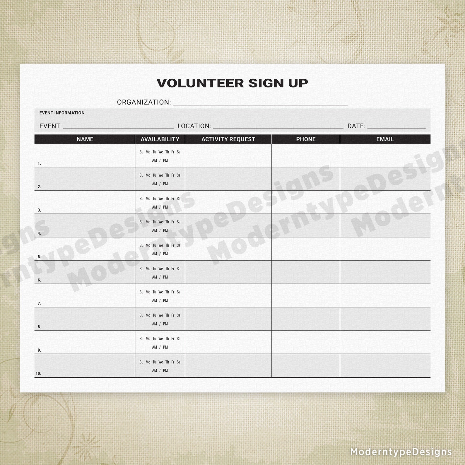 Volunteer Sign up Printable Form, Event Organization Planner for ...