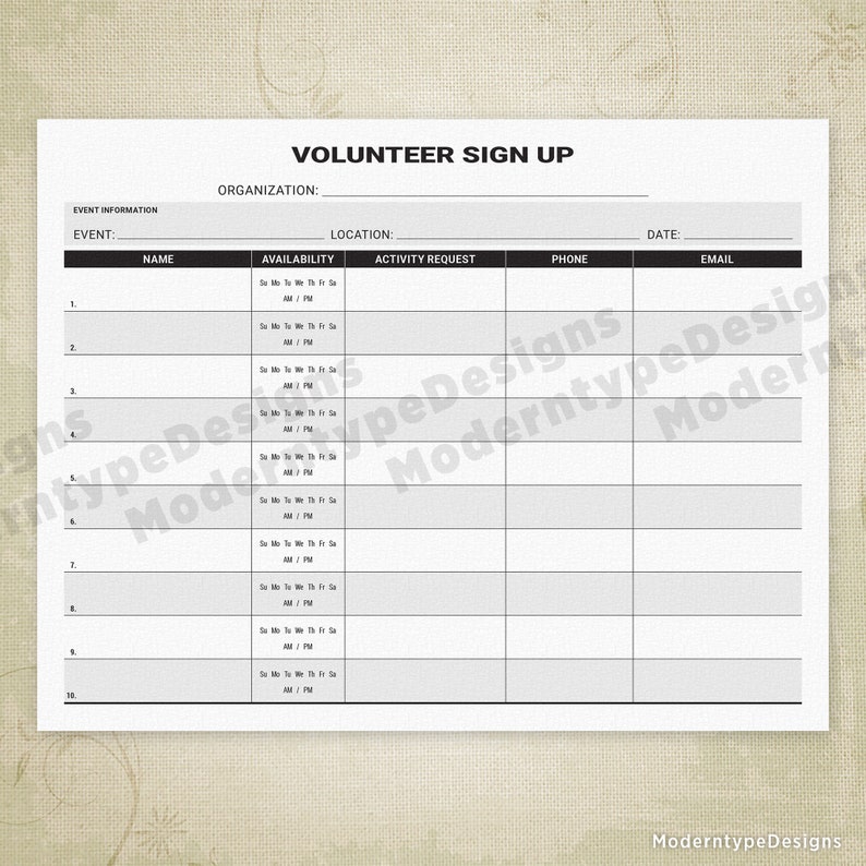 Volunteer Sign up Printable Form, Event Organization Planner for ...