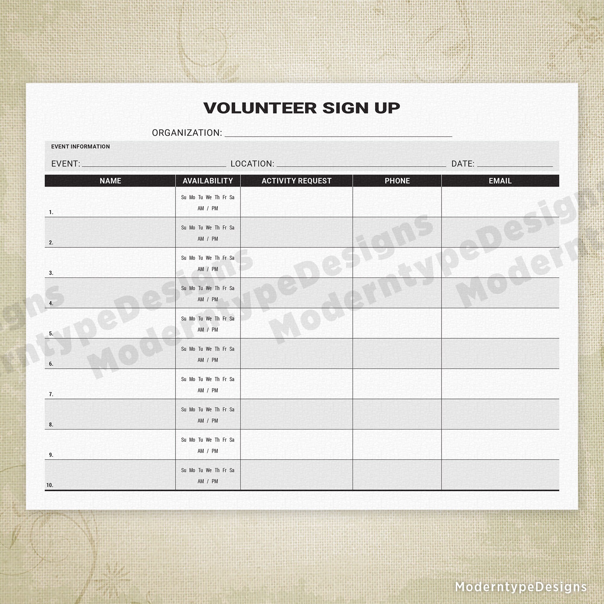 Volunteer Sign up Printable Form, Event Organization Planner for ...