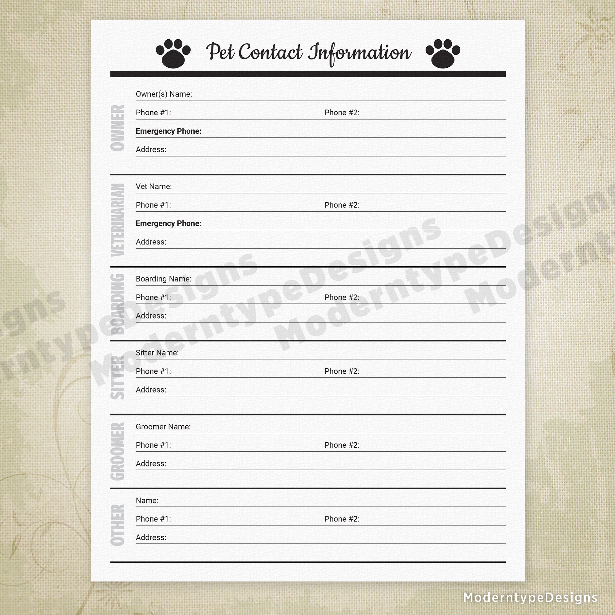 Pet Forms Printable Kit for Businesses, Pet Documents, Vaccination Log ...