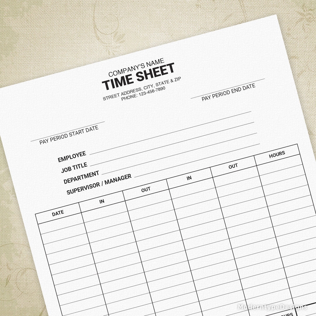 Employee Time Sheet Printable Form, Timesheet, Working Hours, Digital ...