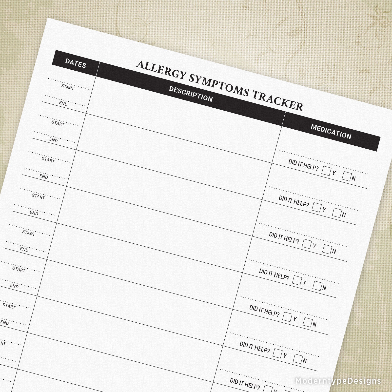 Allergy Symptoms Tracker Printable, Allergic Form, Food, Pet, and ...