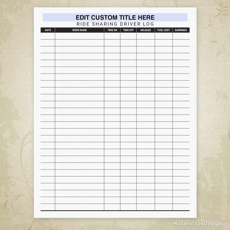 Ride Sharing Driver Log Printable Form Ridesharing Tracker | Etsy