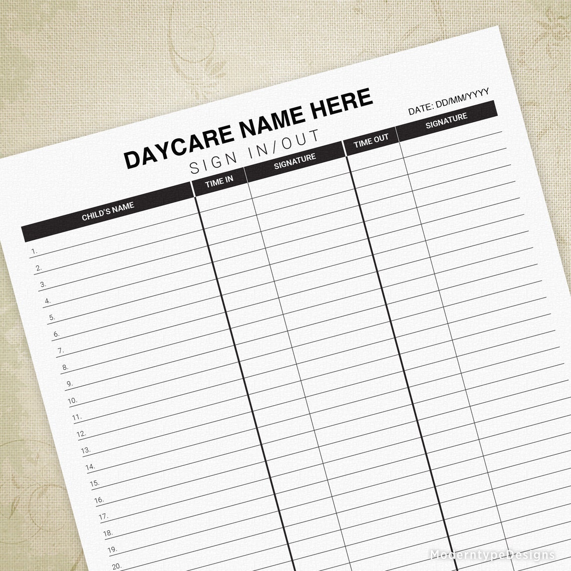 Editable Daycare Sign In/out Form: Printable Parent Sign-in Sheet ...
