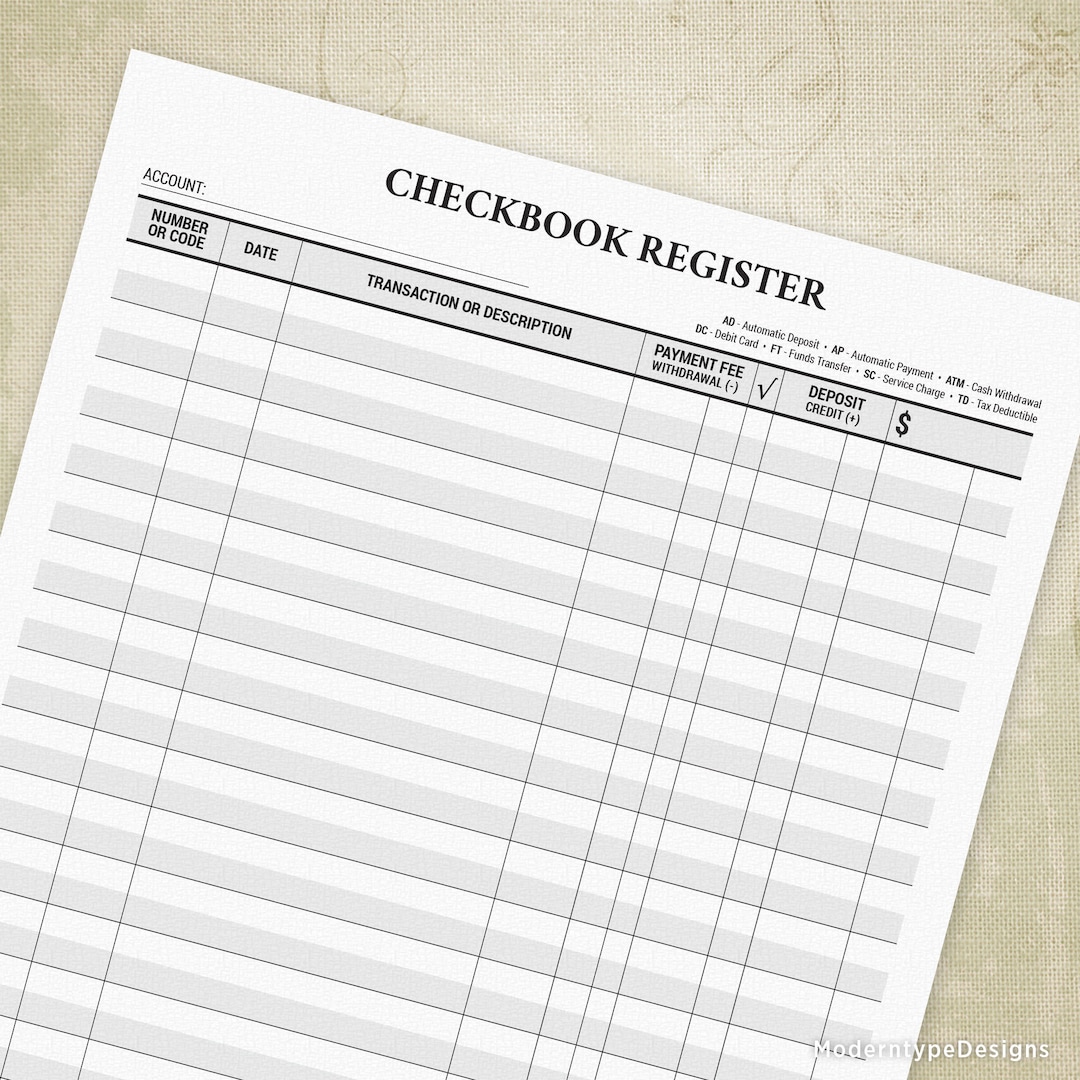 Traditional Checkbook Register Printable, Bank Account Deposit ...