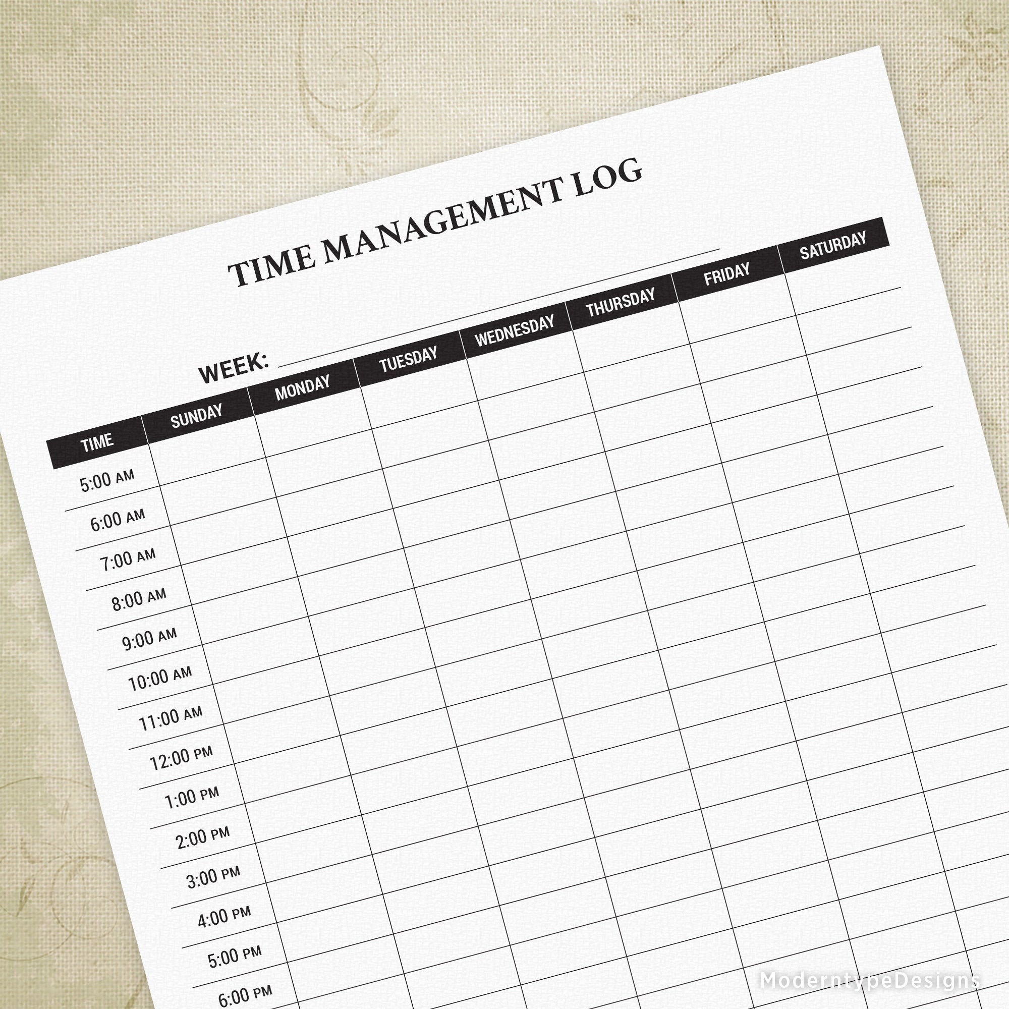 Time Management Log Printable, Minutes of the Day Tracker, Hourly Form ...