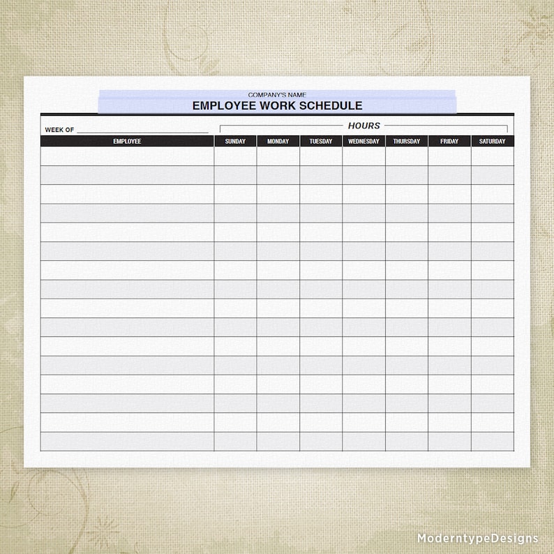 Employee Work Schedule Printable, Staff Daily Working Hours Shift Chart ...