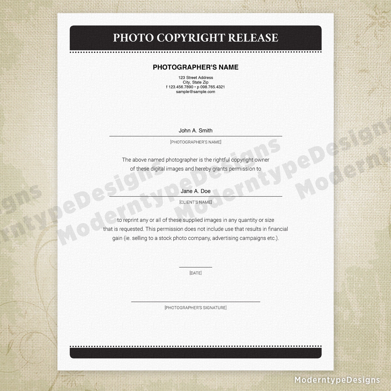 Photo Copyright Print Release Printable Form for Photographers ...