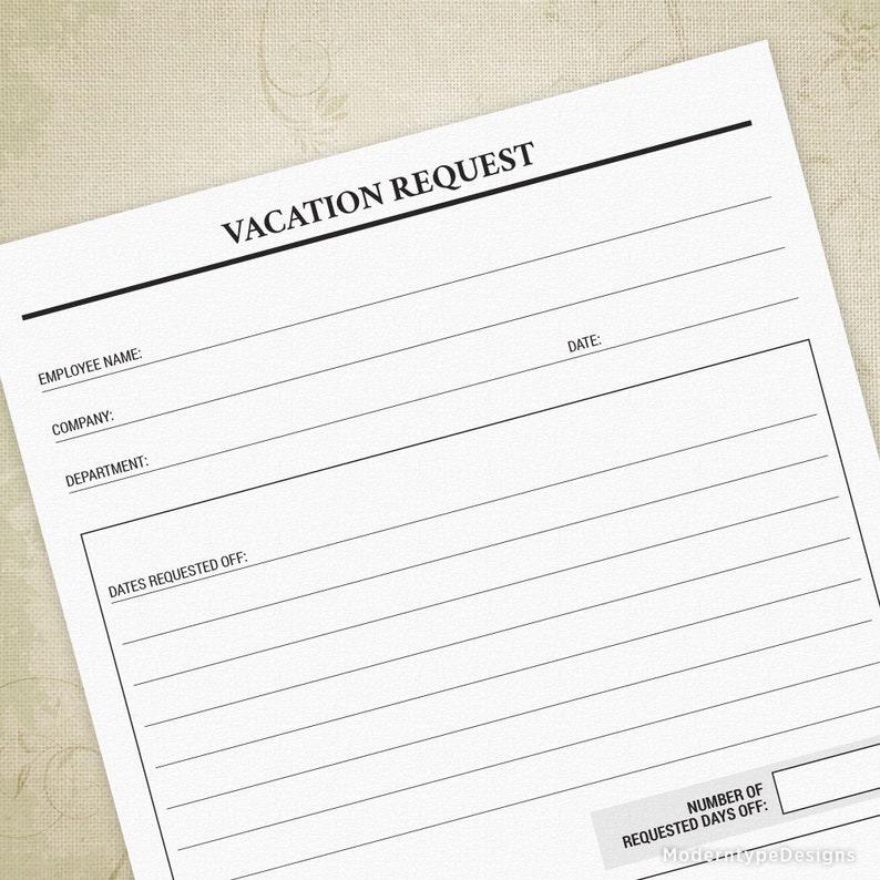 Employee Vacation Request Printable Form for Businesses, Time off Sheet ...