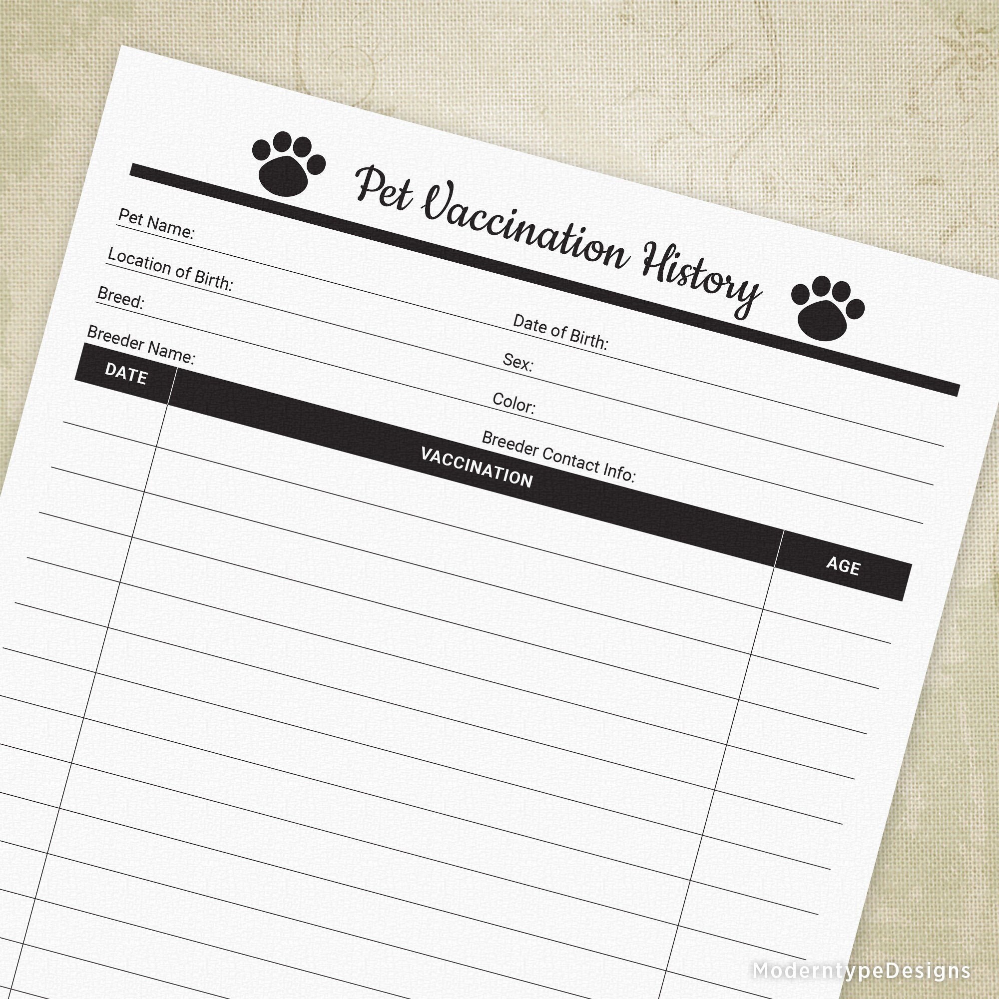 Printable Dog Vaccination Record