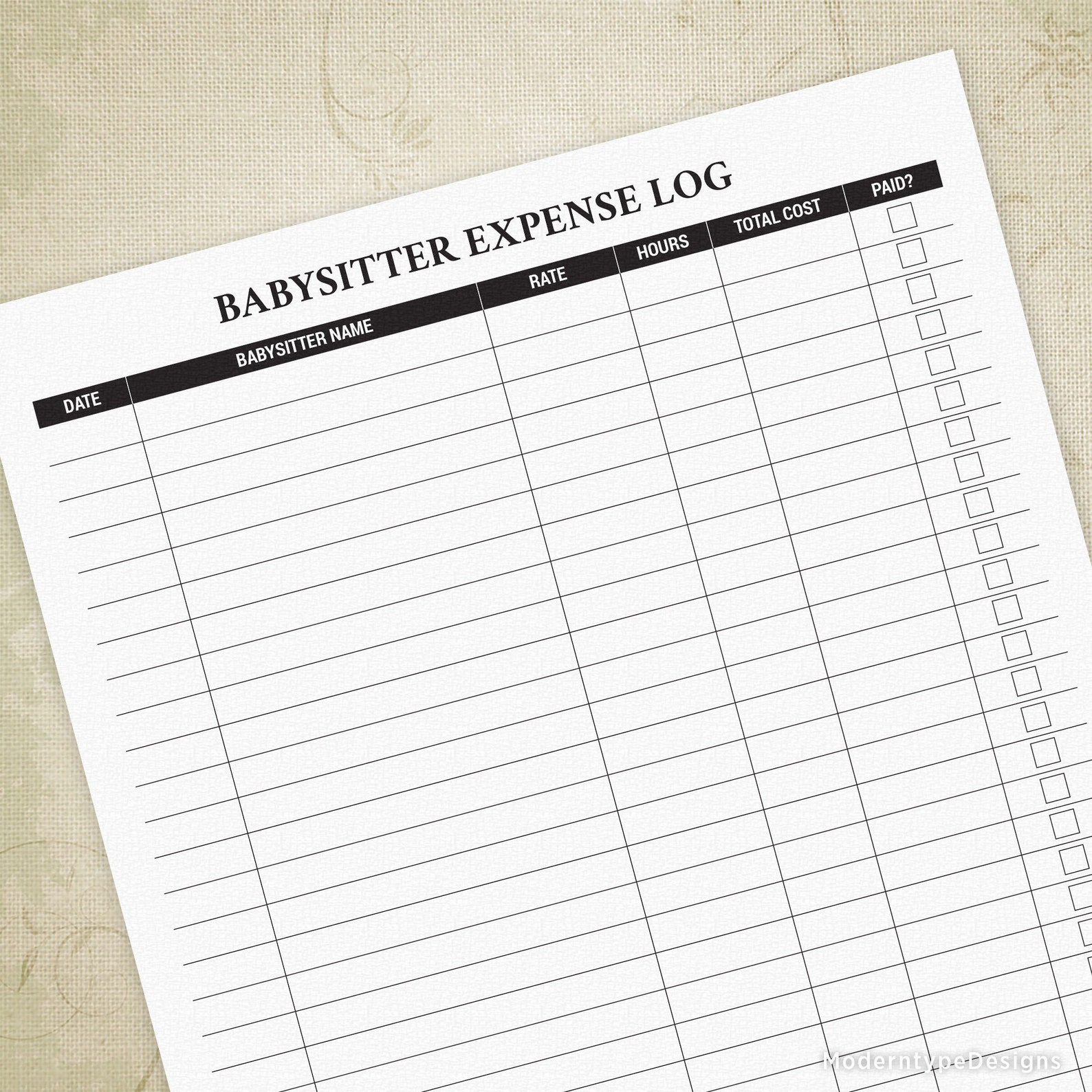 Babysitter Expense Log for Parents Printable Sheet, Child Care Budget ...