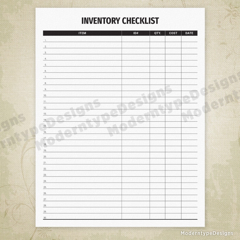 Inventory Checklist Printable, Item Listing, Inventory List, in Stock ...