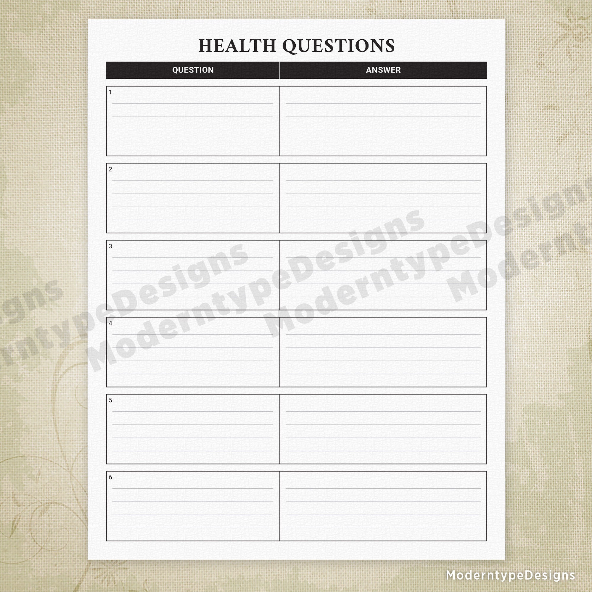 Health Questions Printable Form, Questionnaire for Doctor or Nurse ...