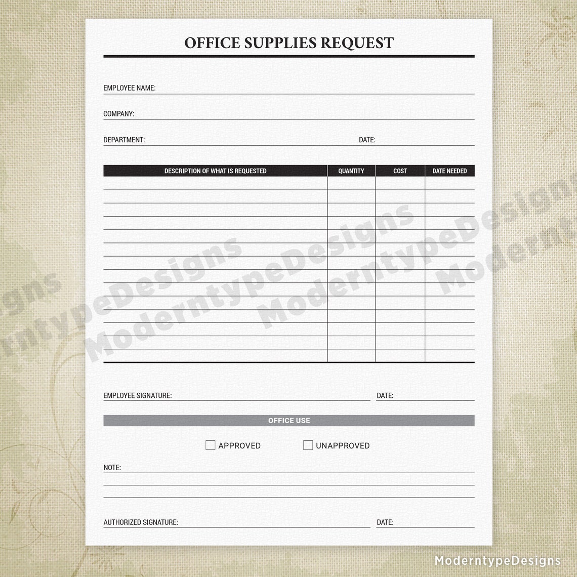 Office Supplies Request Printable Form, Business Expense, Office ...