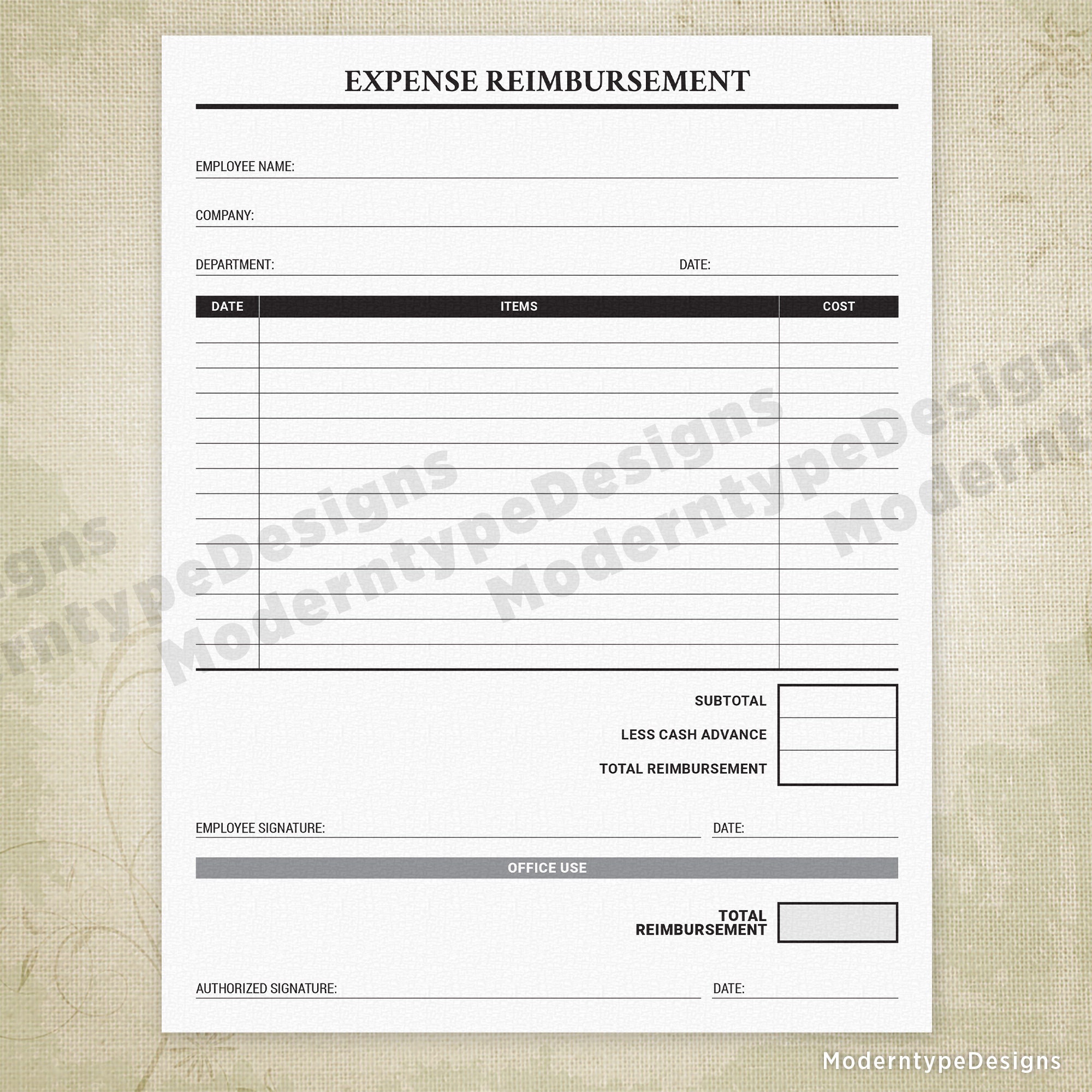 Expense Reimbursement Printable Form, Itemize Office Expenses, Expense ...