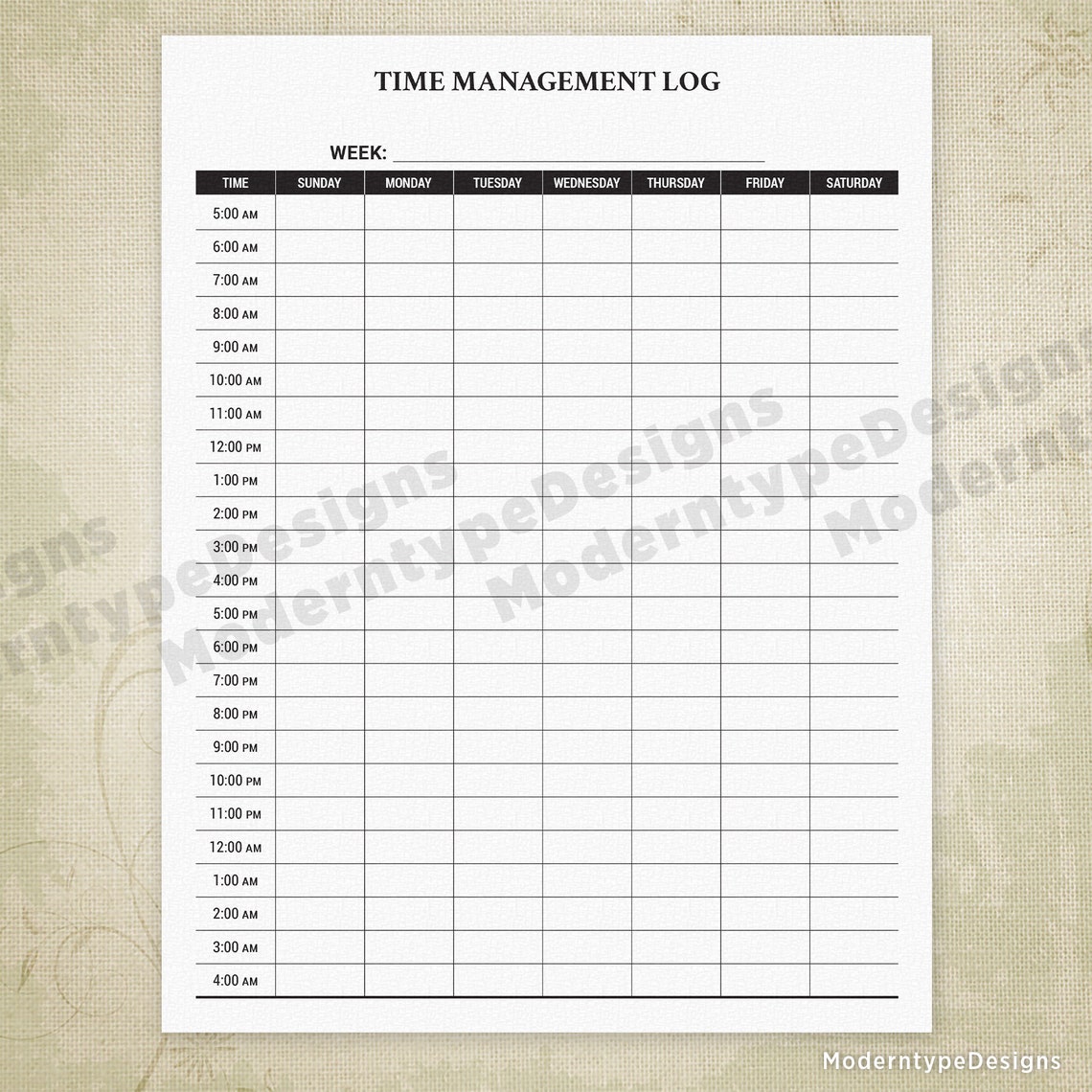 Time Management Log Printable, Minutes of the Day Tracker, Hourly Form ...