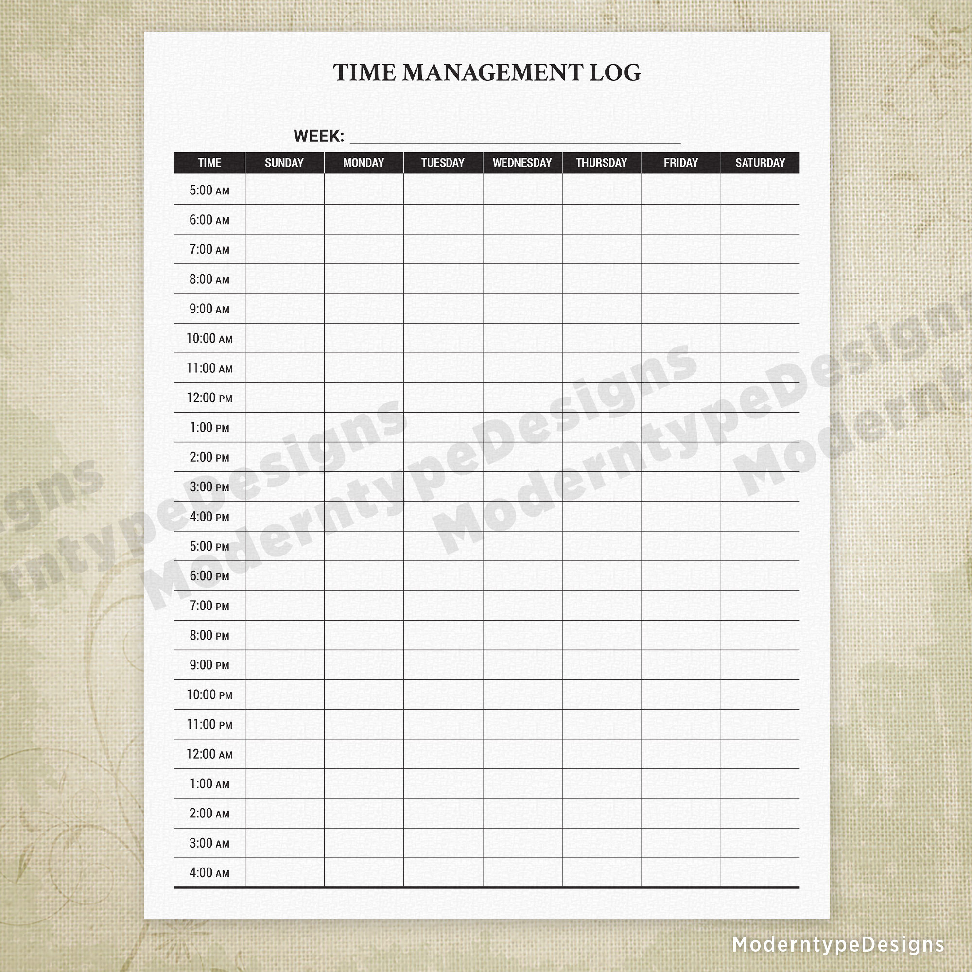 Time Management Log Printable, Minutes of the Day Tracker, Hourly Form ...